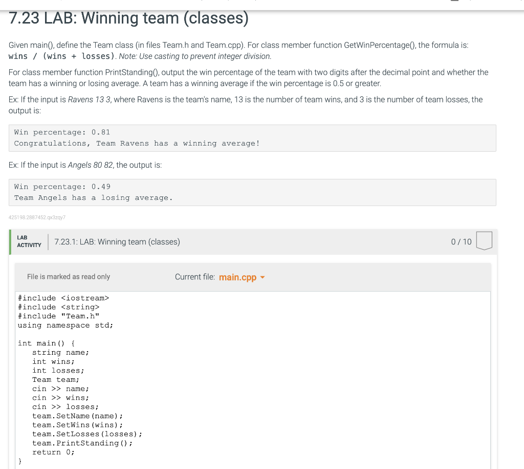 Solved Given main(), ﻿define the Team class (in files Team.h | Chegg.com