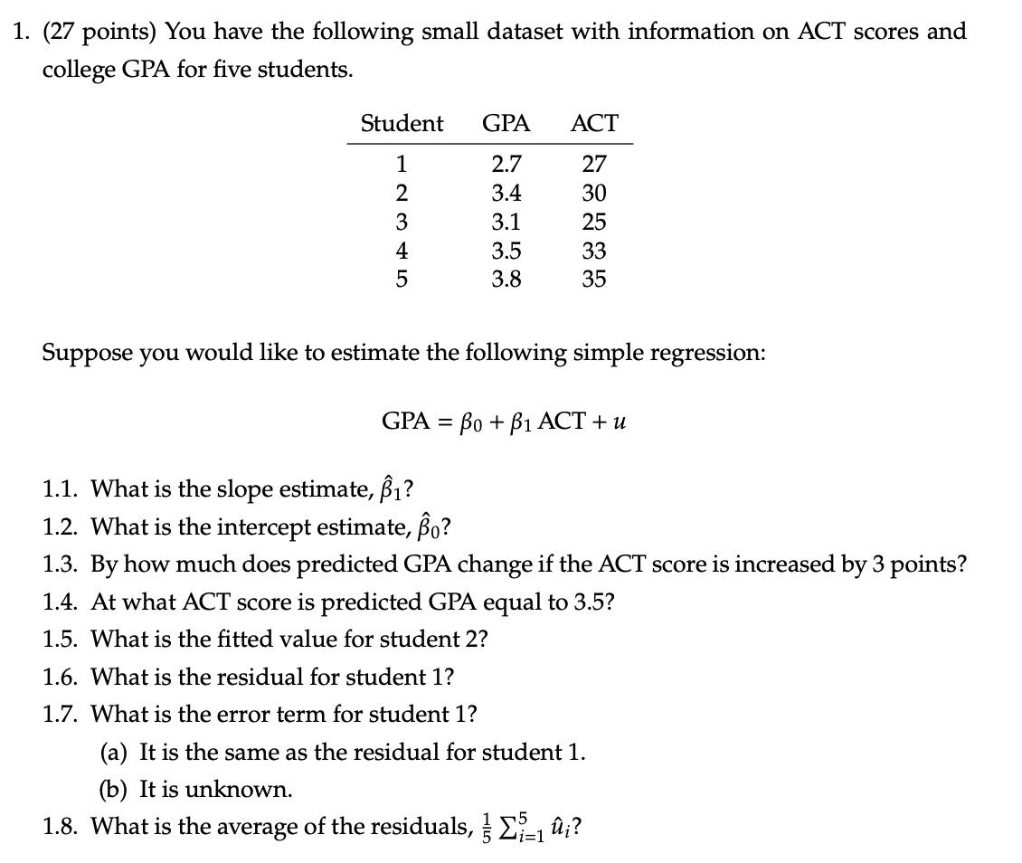 Solved ( 27 points) You have the following small dataset | Chegg.com