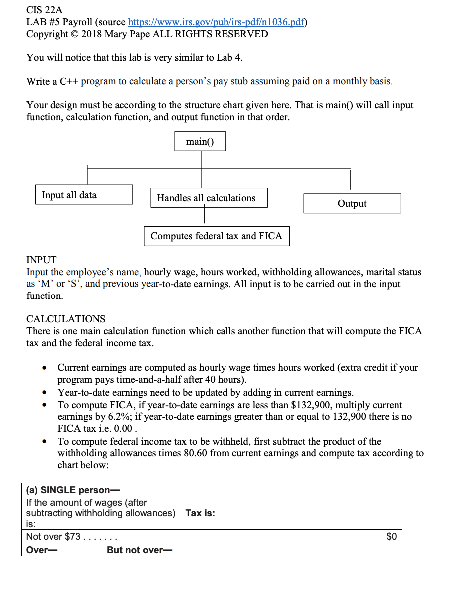 Solved CIS 22A LAB #5 Payroll (source | Chegg.com