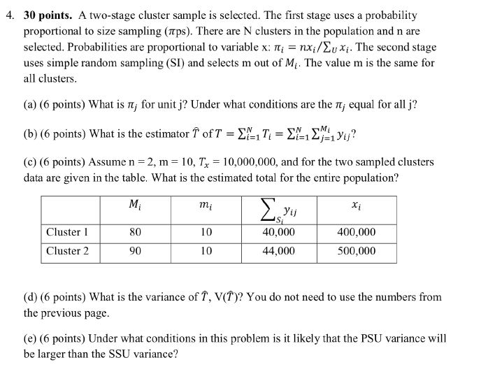 4. 30 points. A two-stage cluster sample is selected. | Chegg.com