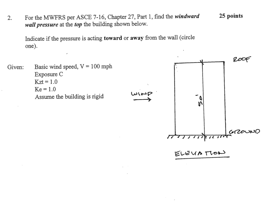 Solved 2. 25 points For the MWFRS per ASCE 7-16, Chapter 27, | Chegg.com