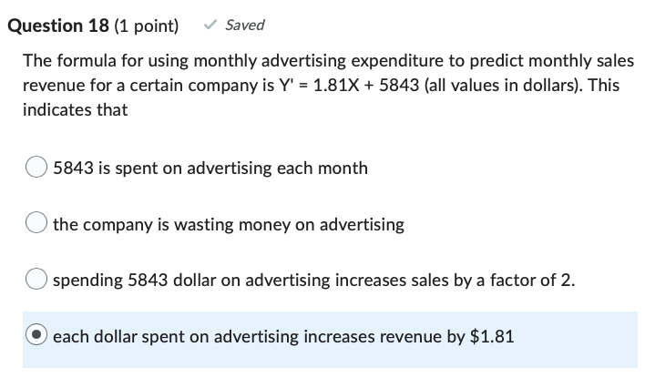Solved The formula for using monthly advertising expenditure | Chegg.com