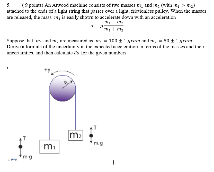 Solved 5. 9 points) An Atwood machine consists of two masses | Chegg.com