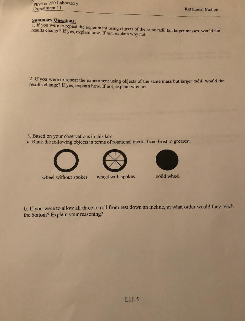 Physics 220 Laboratory Experiment 11 Rotational | Chegg.com