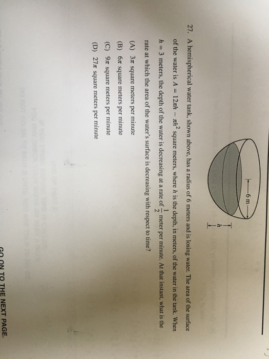Solved 27. A hemispherical water tank, shown above, has a | Chegg.com