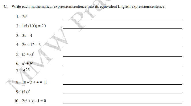 Solved C. Write each mathematical expression/sentence into | Chegg.com