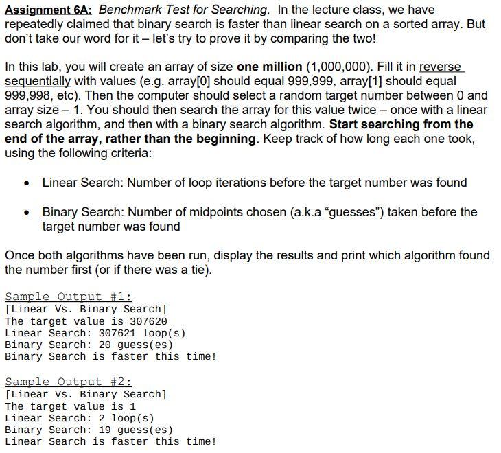 Solved Assignment 6A: Benchmark Test for Searching. In the | Chegg.com