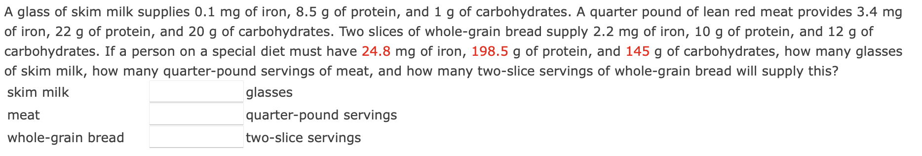 Solved A glass of skim milk supplies 0.1mg of iron, 8.5 g of | Chegg.com