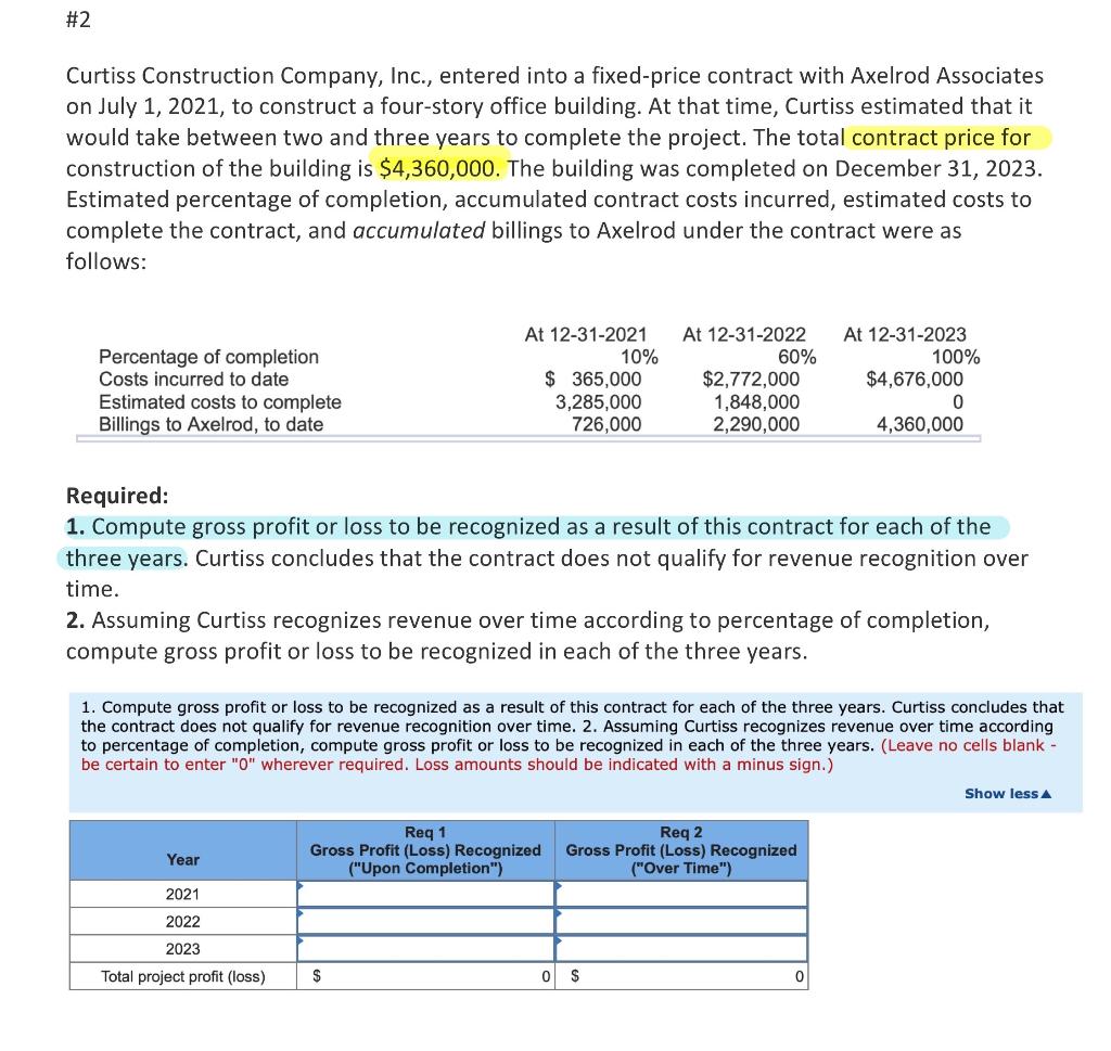 Solved #2 Curtiss Construction Company, Inc., entered into a | Chegg.com