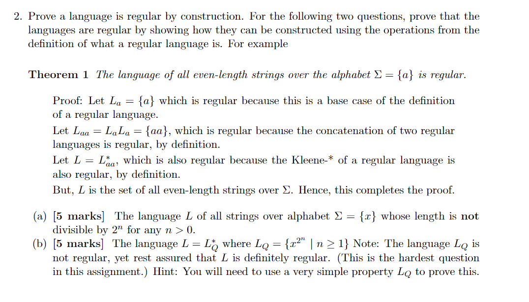 Prove a language is regular by construction. For the | Chegg.com