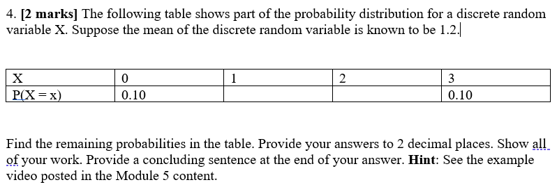 Solved 4. [2 marks] The following table shows part of the | Chegg.com