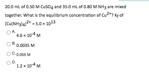 Solved 20.0 mL of 0.50 M CuSO4 and 35.0 mL of 0.80 M NH3 are | Chegg.com