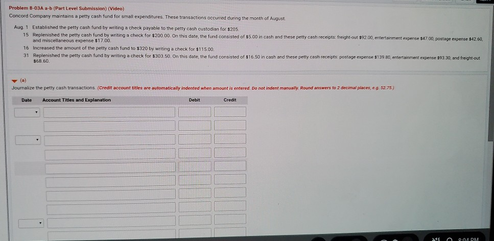 Solved Problem 8-03A a-b (Part Level Submission) (Video) | Chegg.com