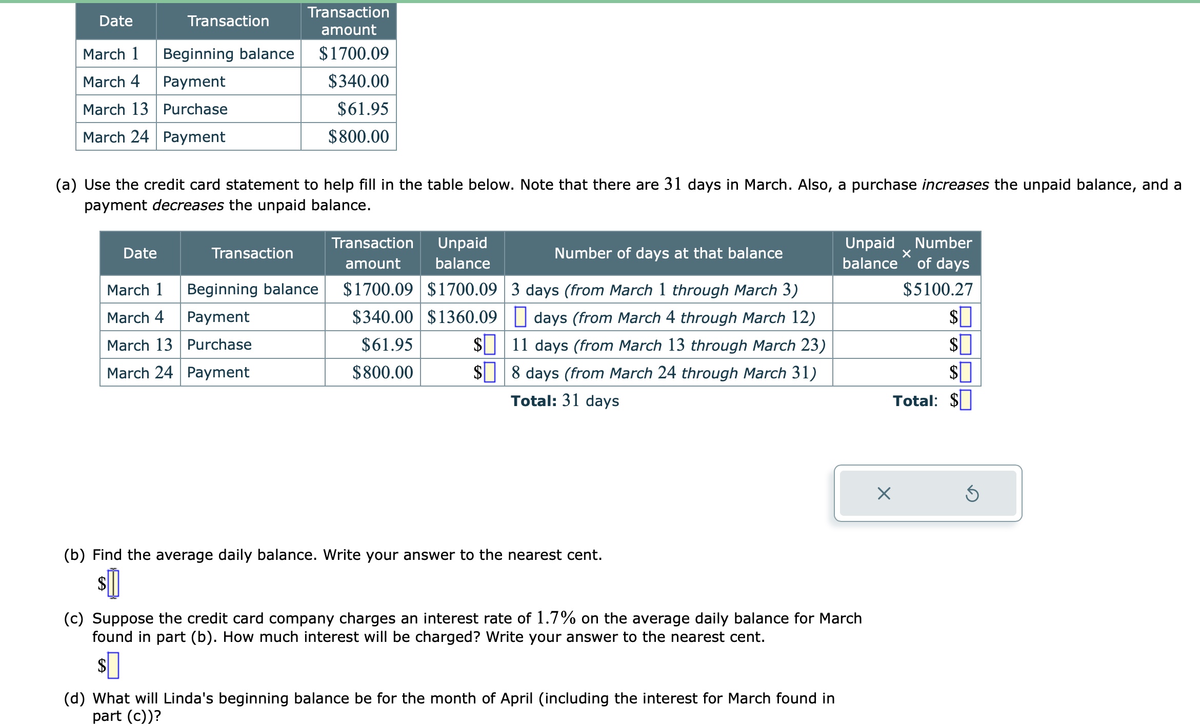 Solved (a) Use the credit card statement to help fill in the | Chegg.com