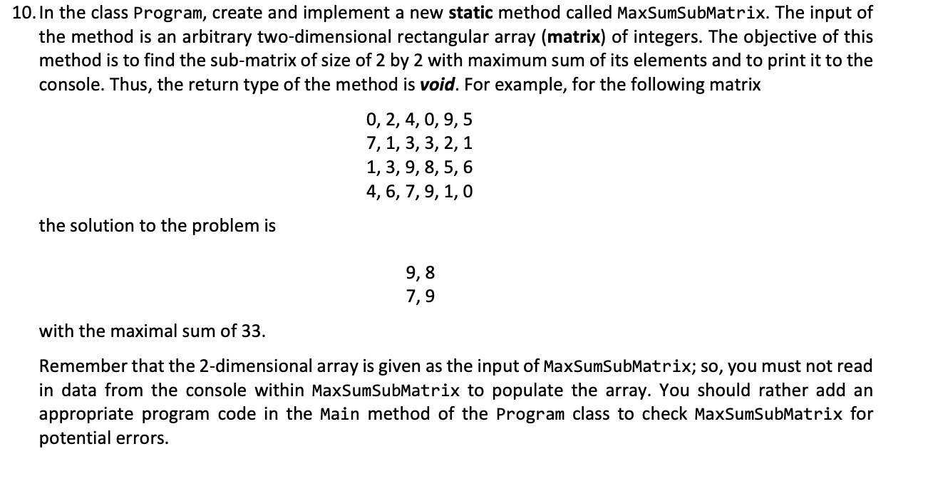 Solved 0. In the class Program, create and implement a new | Chegg.com