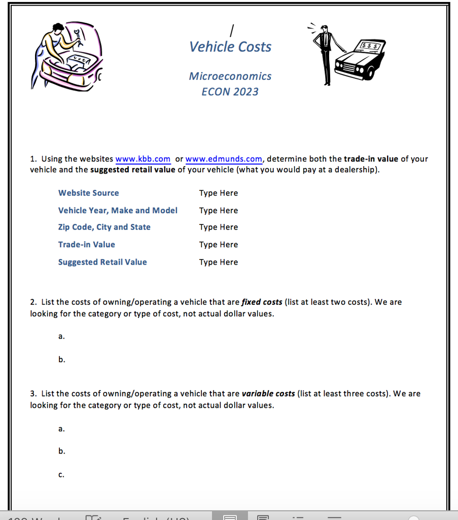 Vehicle Costs Microeconomics ECON 2023 1. Using the | Chegg.com