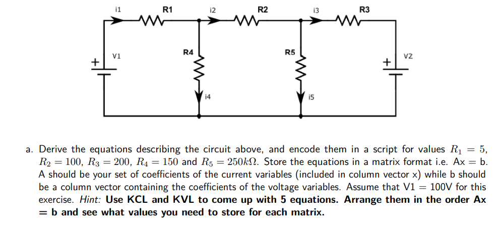 Solved i1 R1 12 R2 i3 R3 ww R4 R5 V1 V2 + + i5 a. Derive the | Chegg.com