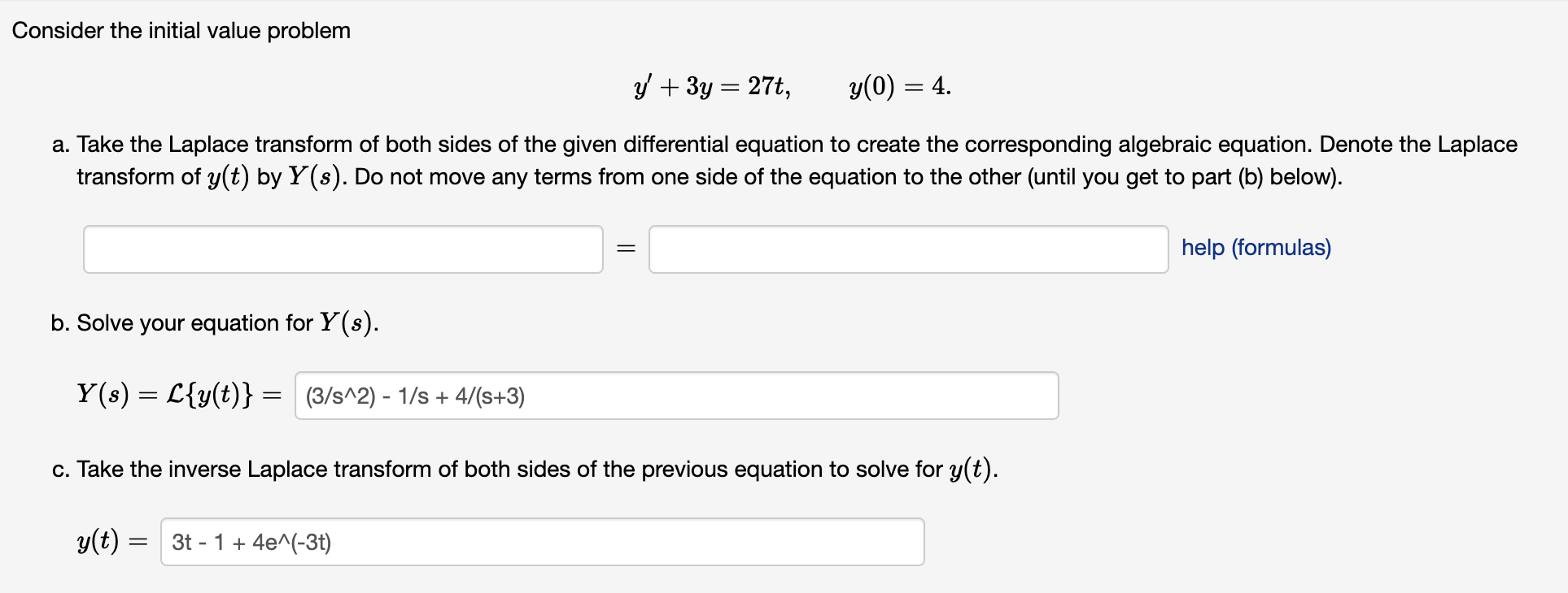 Solved Consider the initial value problem y′+3y=27t,y(0)=4 | Chegg.com