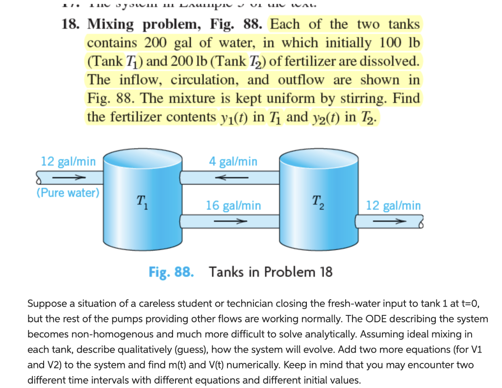 Solved 18. Mixing problem, Fig. 88. Each of the two tanks | Chegg.com
