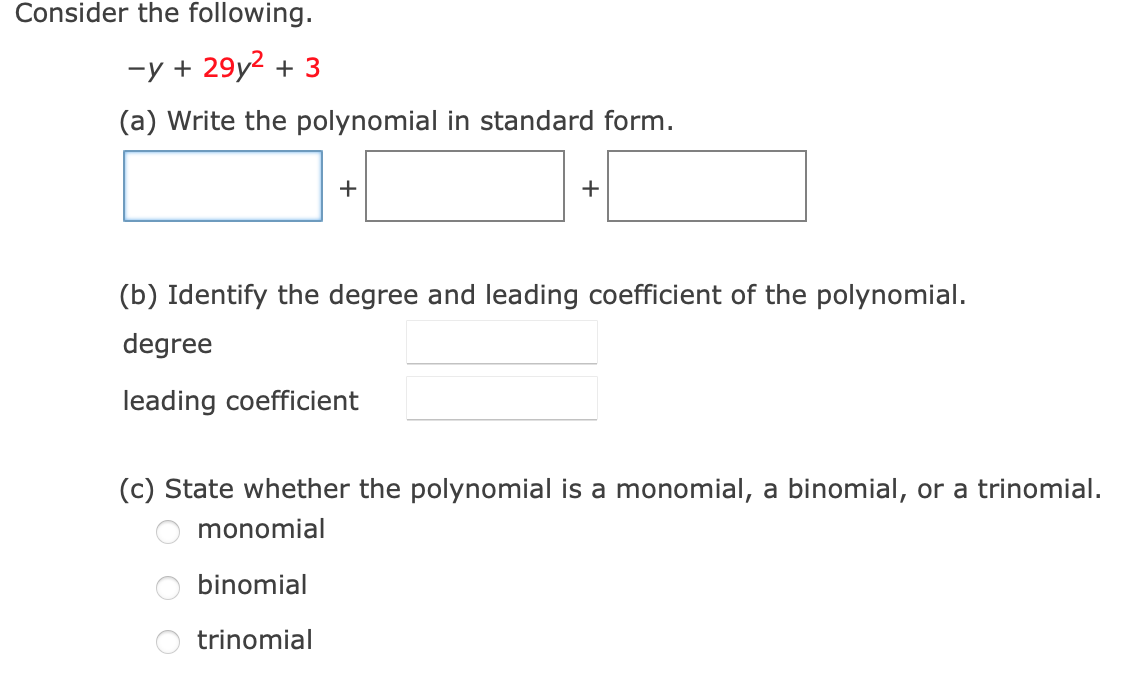 Solved Consider the following. -y + 29y2 + 3 (a) Write the | Chegg.com