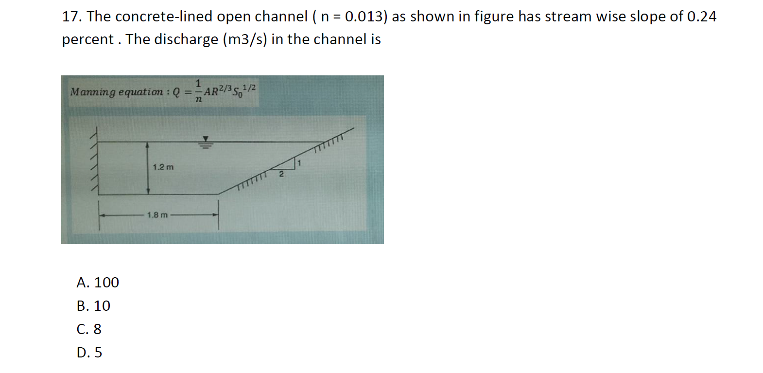 Solved 17. The concrete-lined open channel (n = 0.013) as | Chegg.com