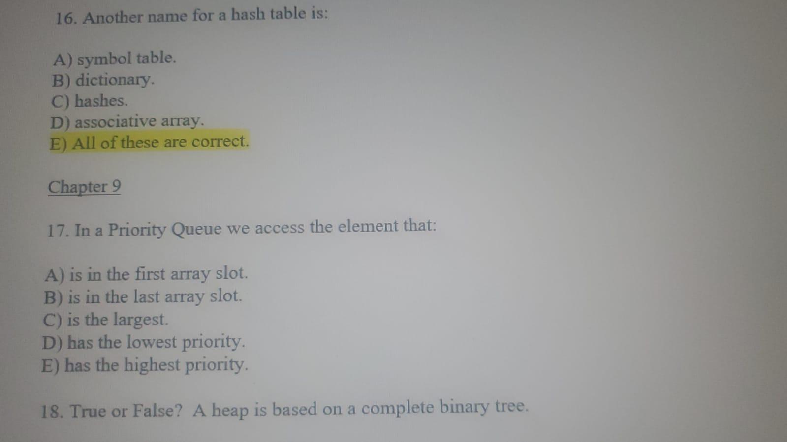 Solved 16. Another name for a hash table is: A) symbol | Chegg.com