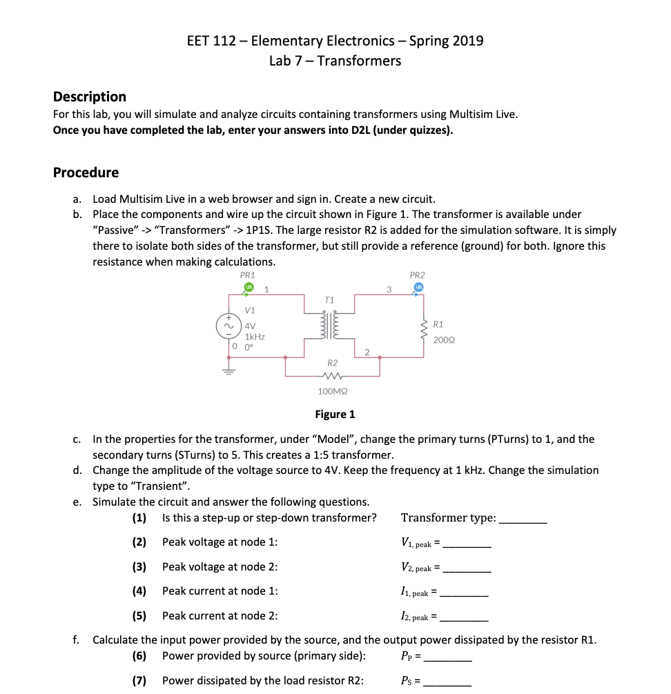 Solved EET 112 - Elementary Electronics-Spring 2019 Lab | Chegg.com