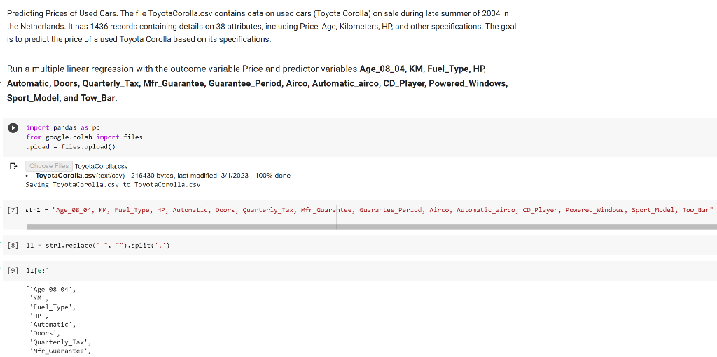 Solved Predicting Prices of Used Cars. The file | Chegg.com