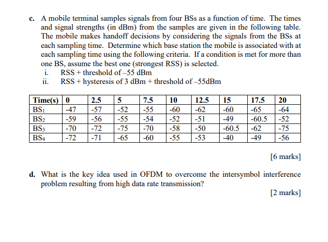 Solved c. A mobile terminal samples signals from four BSs | Chegg.com