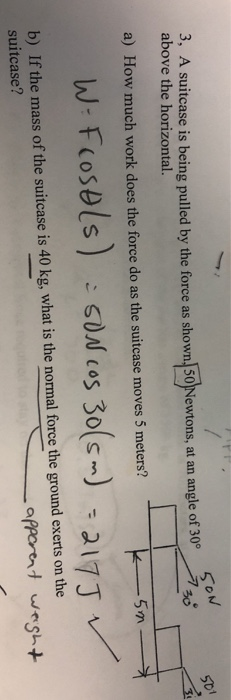 Solved A suitcase is being pulled by a force of 50 N at an | Chegg.com