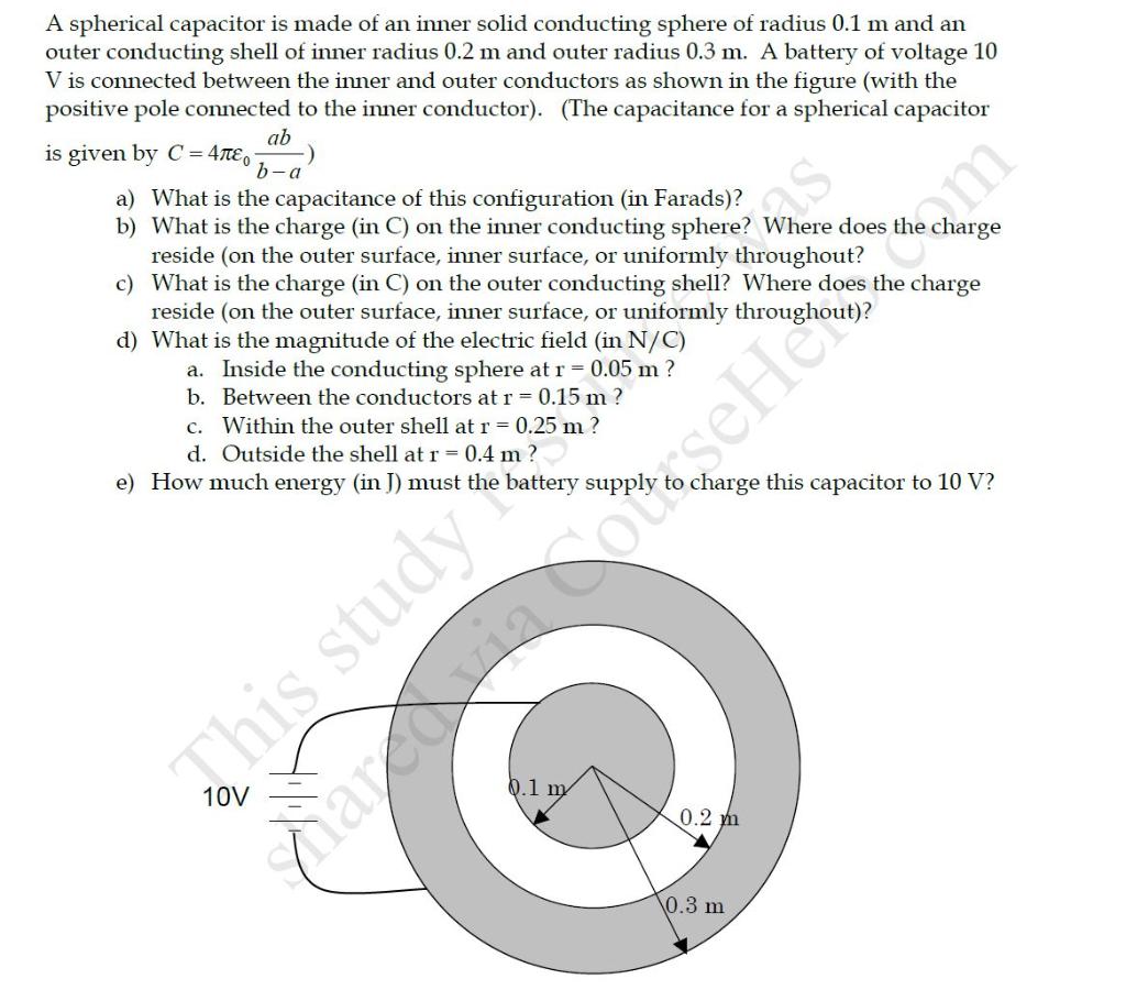 A spherical capacitor is made of an inner solid | Chegg.com