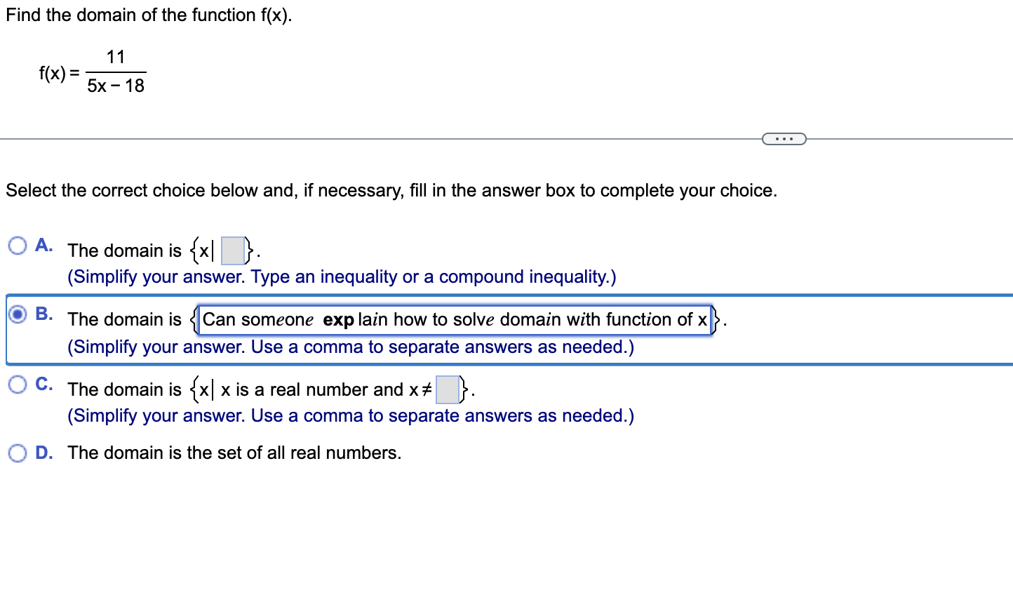 Solved Find the domain of the function f(x). f(x)=5x−1811 | Chegg.com
