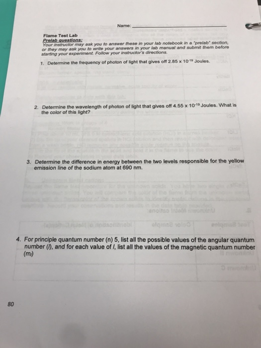 Solved Name: Flame Test Lab Prelab questions: Your | Chegg.com