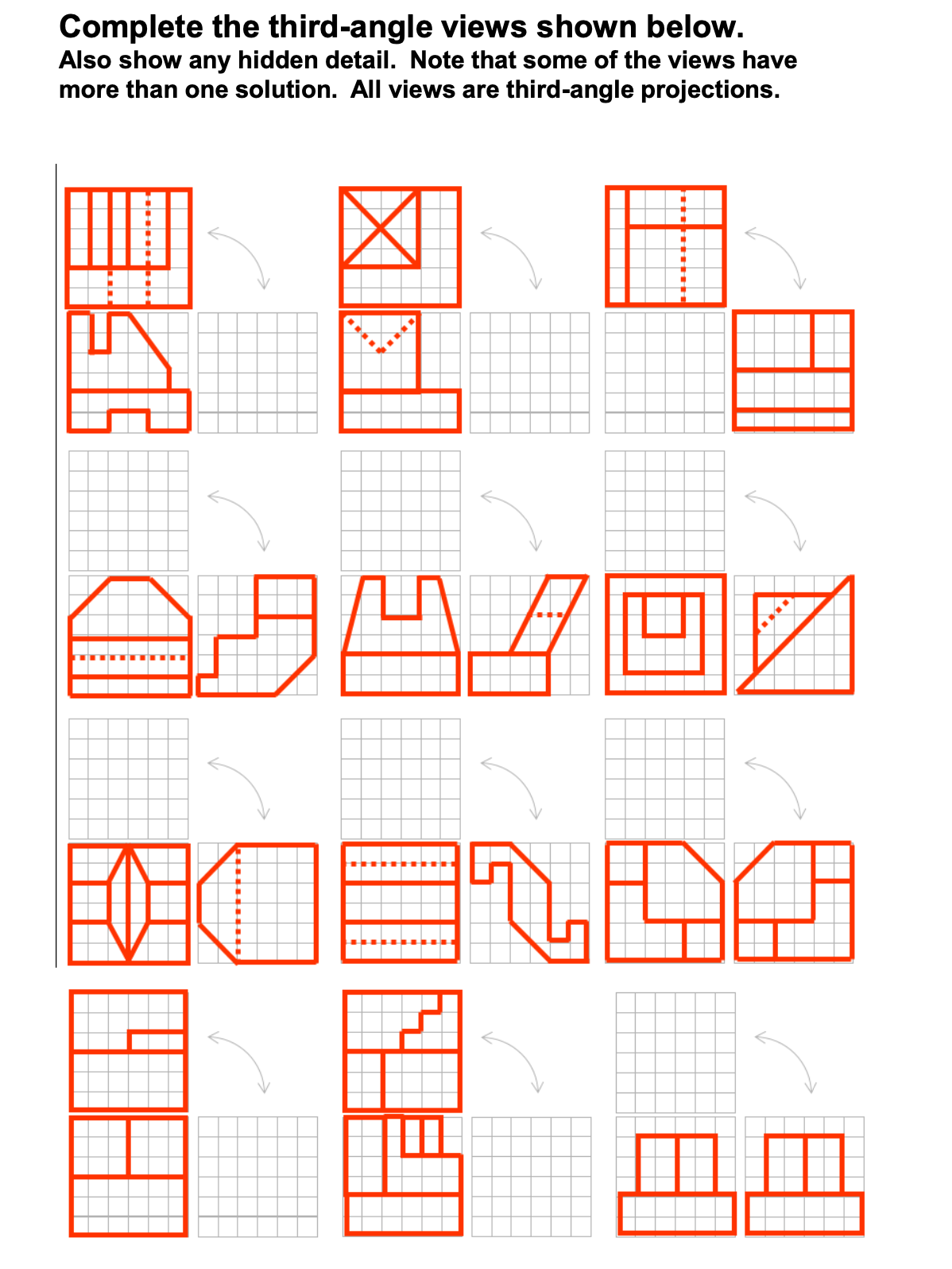 Solved Complete the third-angle views shown below. Also show | Chegg.com