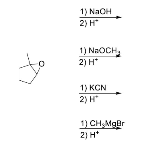 Solved 1) NaOH 2) H+ 1) NaOCH3 2) H+ 1) KCN 2) H+ 1) CH3MgBr | Chegg.com