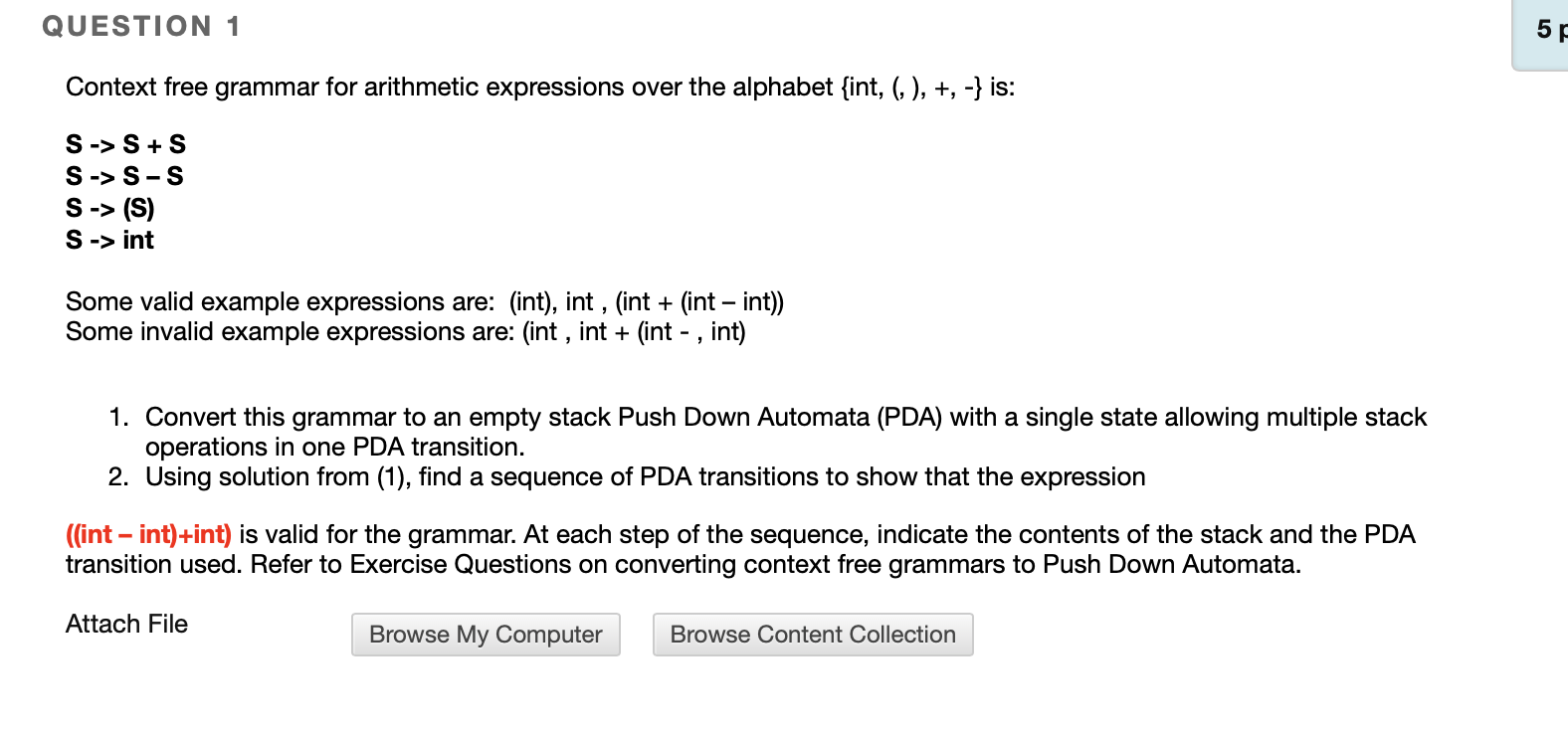 Solved QUESTION 1 5 F Context free grammar for arithmetic | Chegg.com