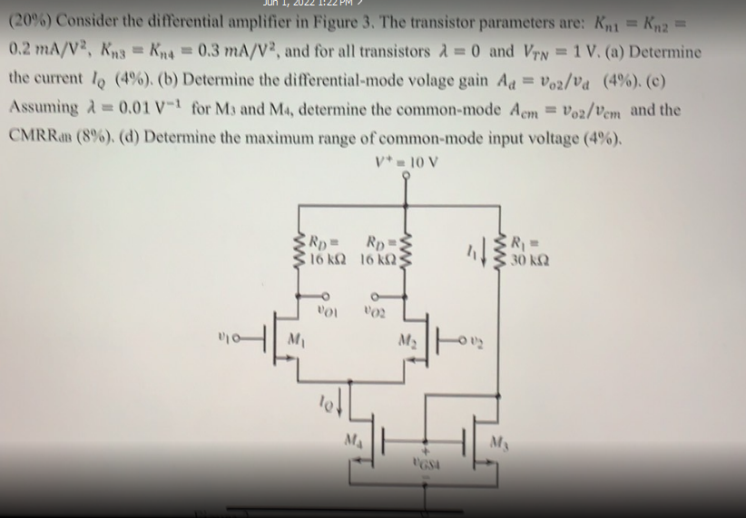Solved (20%) Consider the differential amplifier in Figure | Chegg.com