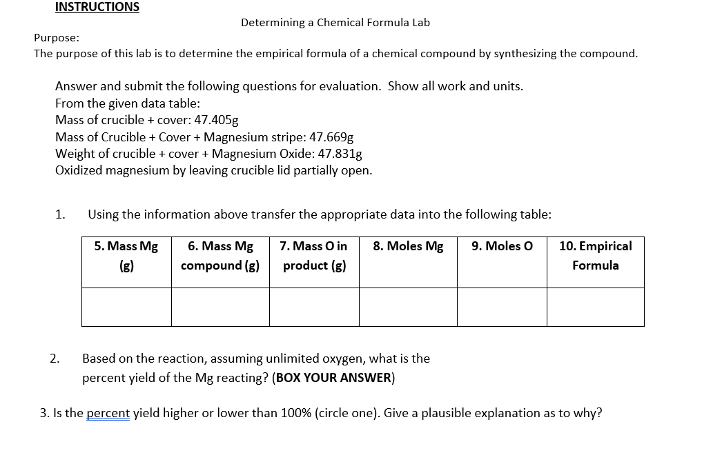 Solved INSTRUCTIONSDetermining a Chemical Formula | Chegg.com