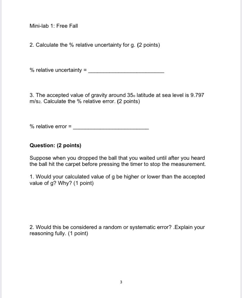 Solved Mini-lab 1: Free Fall Measurements: (6 points) Obtain | Chegg.com