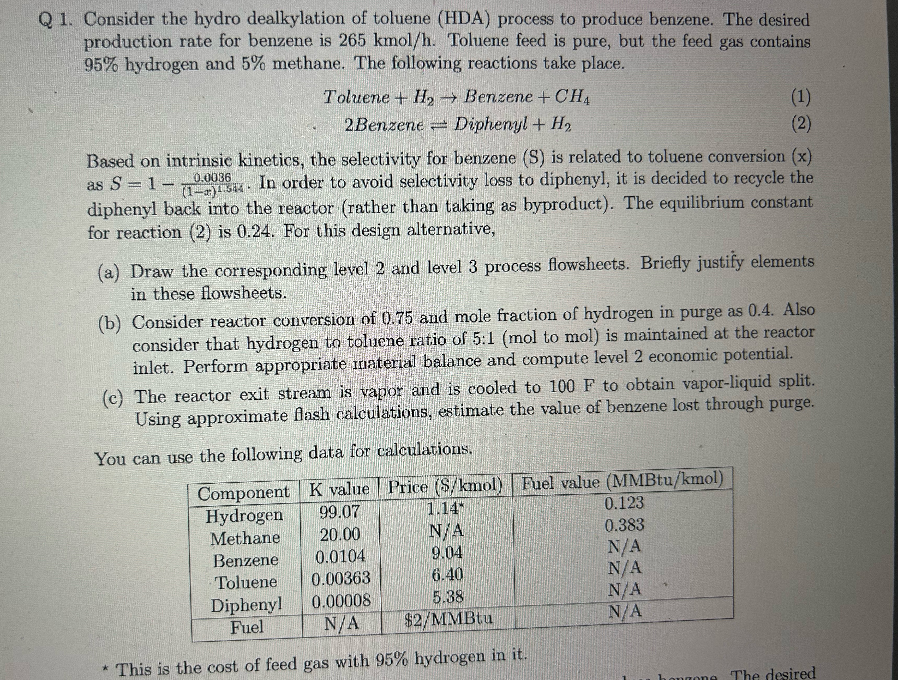 Solved Consider the hydro dealkylation of toluene (HDA) | Chegg.com