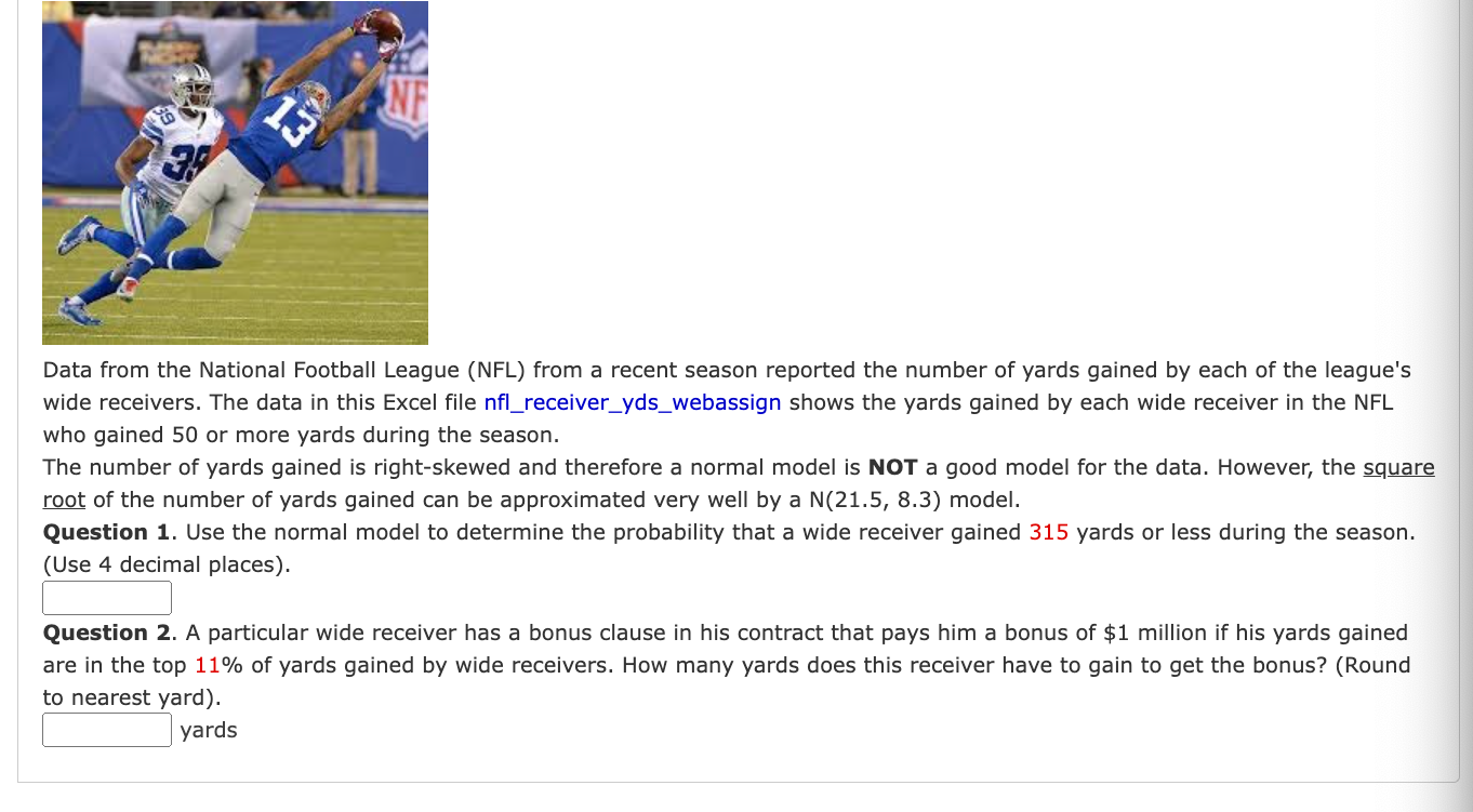 Solved Data from the National Football League (NFL) from a | Chegg.com