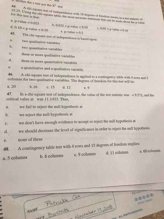 Solved either the z test nor the X2 test 44. 19.25. Using | Chegg.com