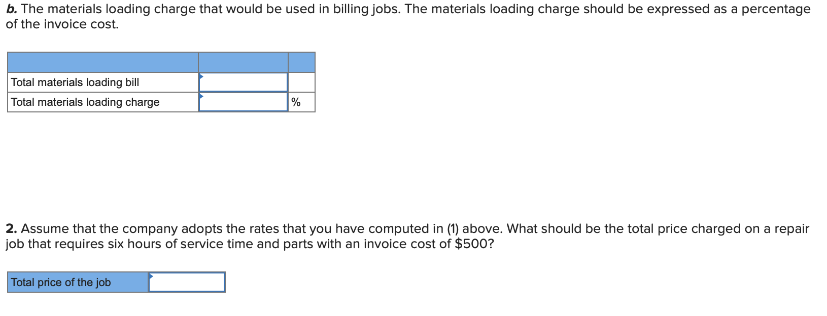 Solved b. The materials loading charge that would be used in | Chegg.com