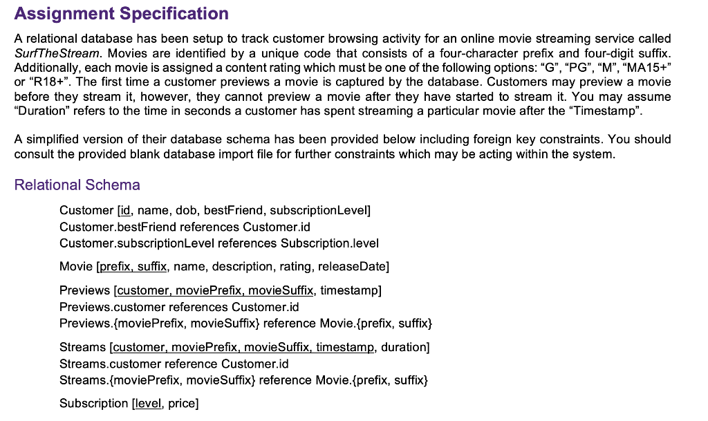 Solved Assignment Specification A relational database has | Chegg.com