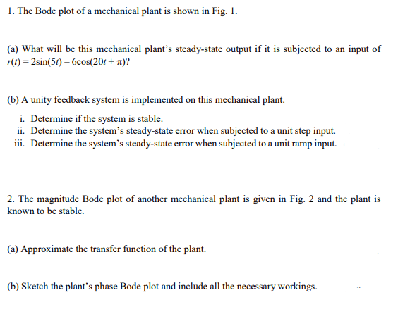 1. The Bode plot of a mechanical plant is shown in | Chegg.com