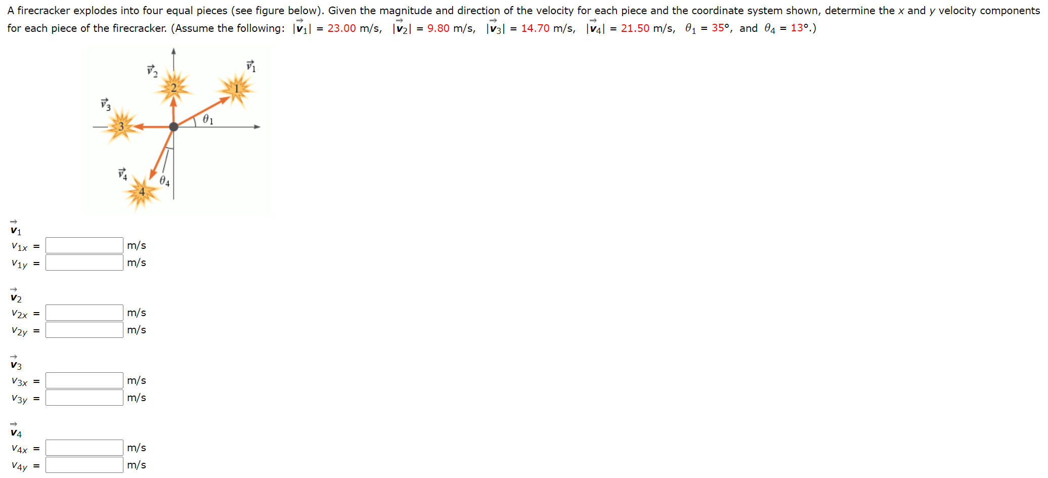 Solved A firecracker explodes into four equal pieces (see | Chegg.com