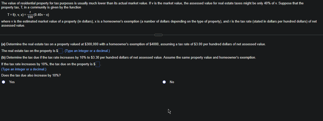 Solved property tax, T, in a community is given by the | Chegg.com