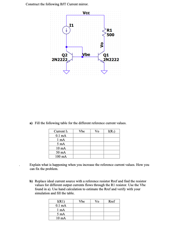 Solved Construct the following BJT Current mirror. Vcc 11 R1 | Chegg.com