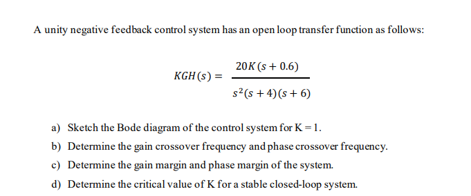 Solved A unity negative feedback control system has an open | Chegg.com