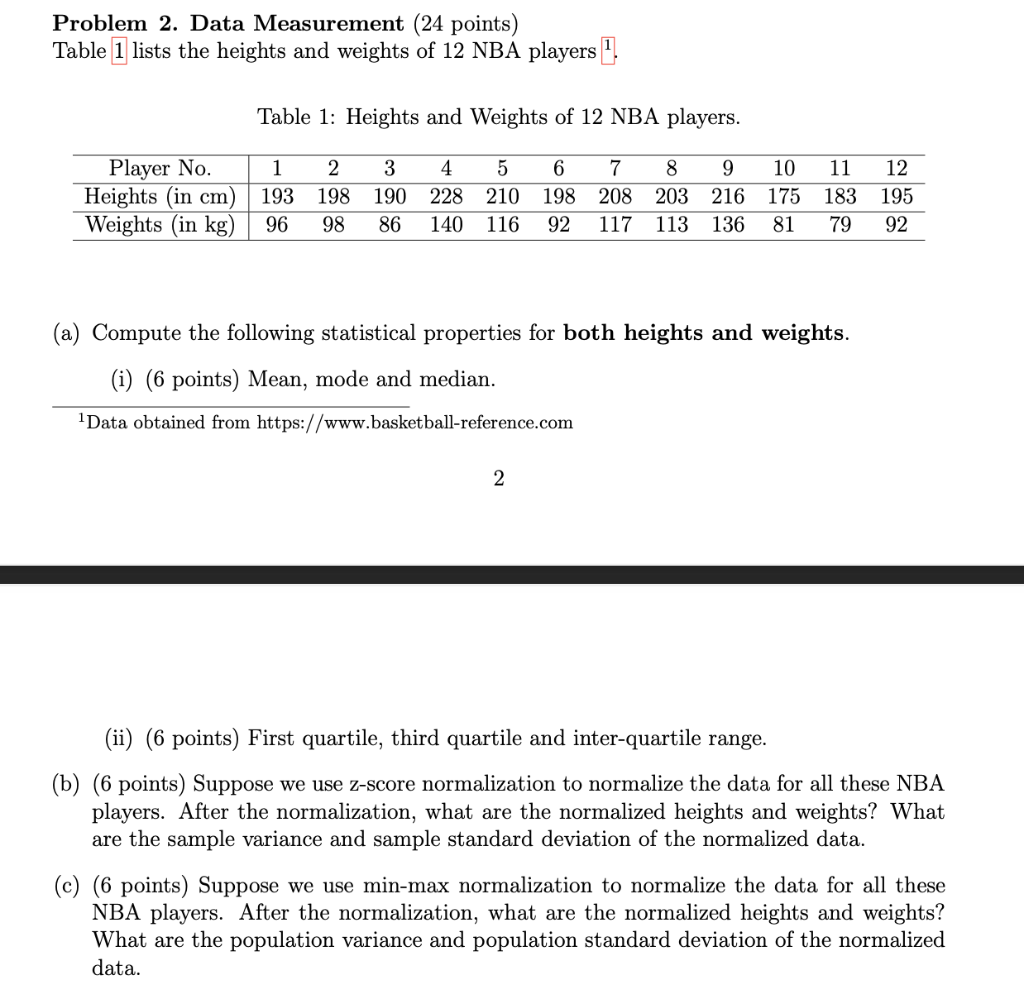 Solved Problem 2. Data Measurement (24 points) Table 1 lists | Chegg.com